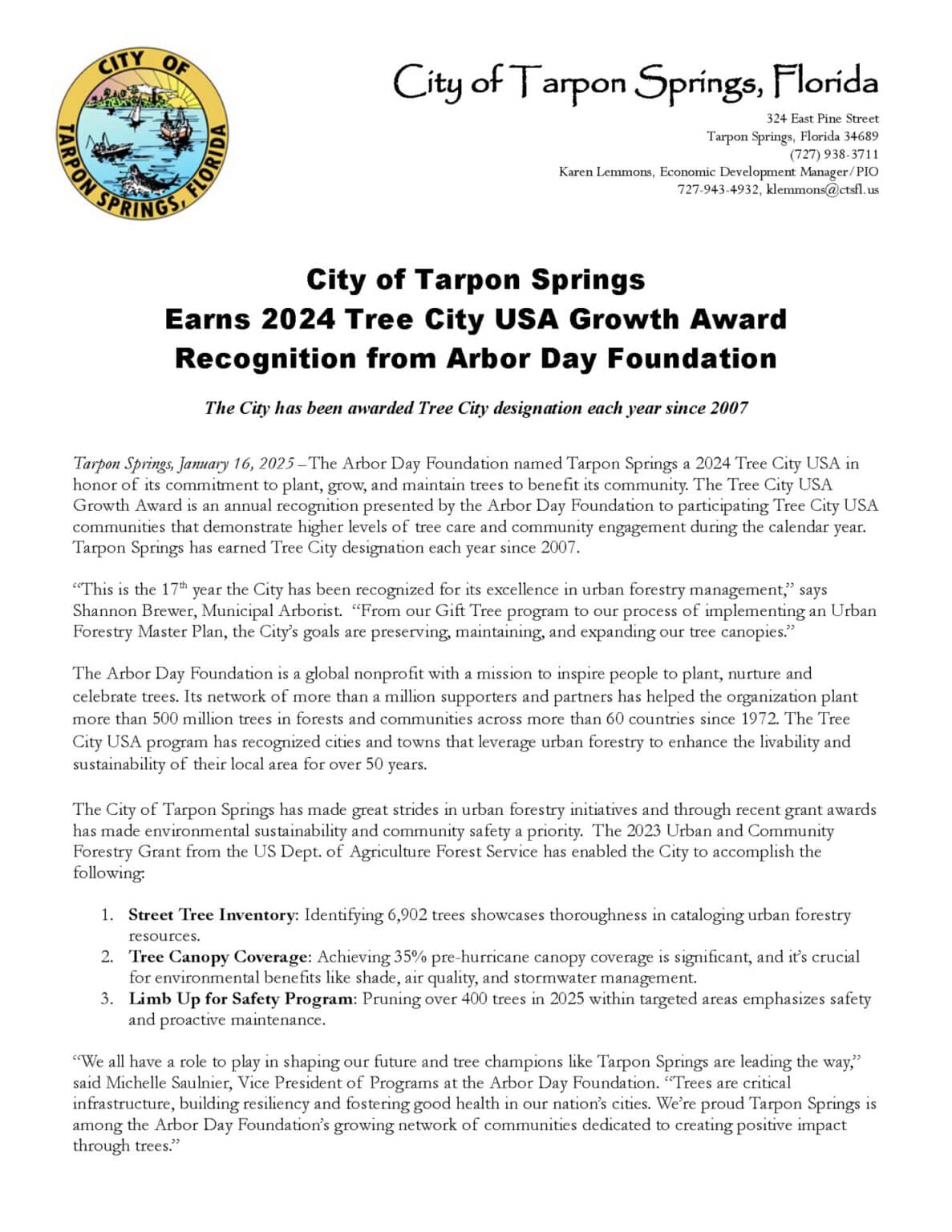City of Tarpon Springs Earns 2024 Tree City USA Growth Award - Explore ...